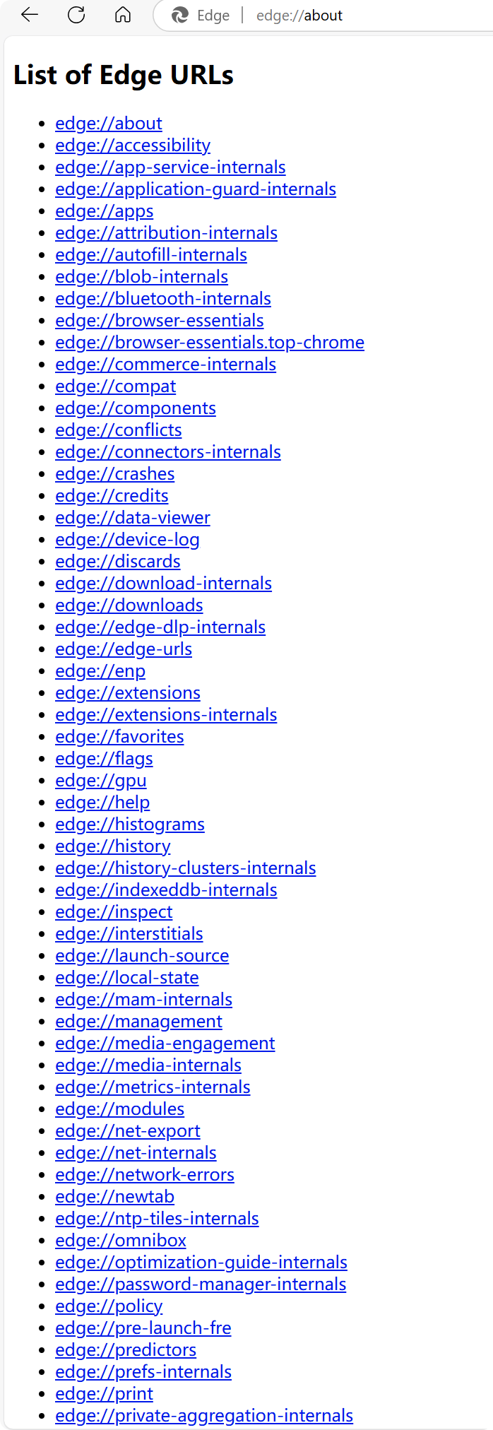 在 Microsoft Edge 中，多个 edge:// URL 提供了访问浏览器内部页面的功能，这些页面显示了各种设置、诊断工具、日志和开发者工具。这些 URL 是 Edge 内置的开发者 ...