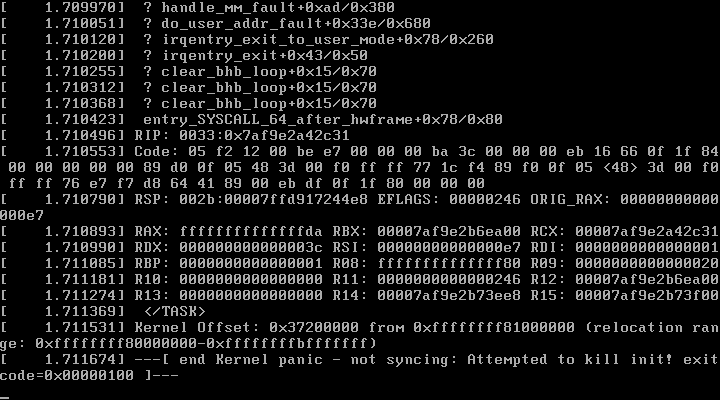 Ubuntu22.04 end Kernel panic - not syncing: Attempted to kill init! exit code=0x00000100 ...